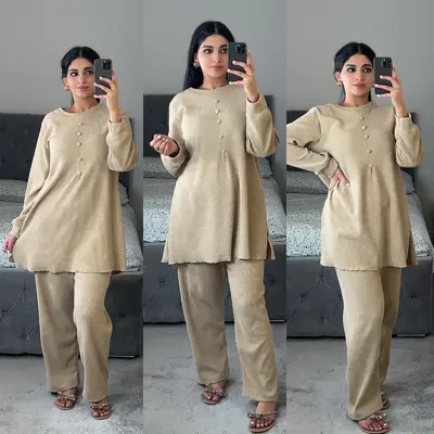 Ladies Corduroy Two Piece Set Buttoned Casual Coord Wide Leg Pants Long ...